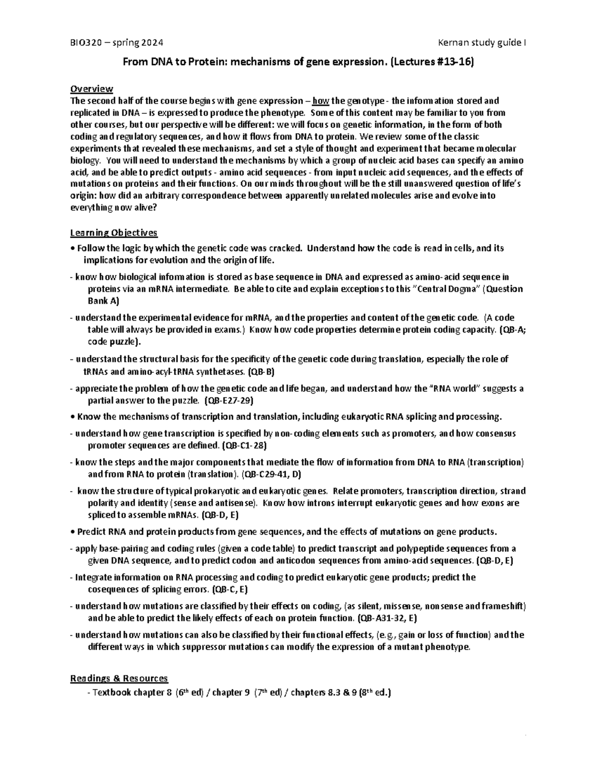 320-24 Study Guide I - Summary General Genetics - BIO320 – spring 20 24 ...