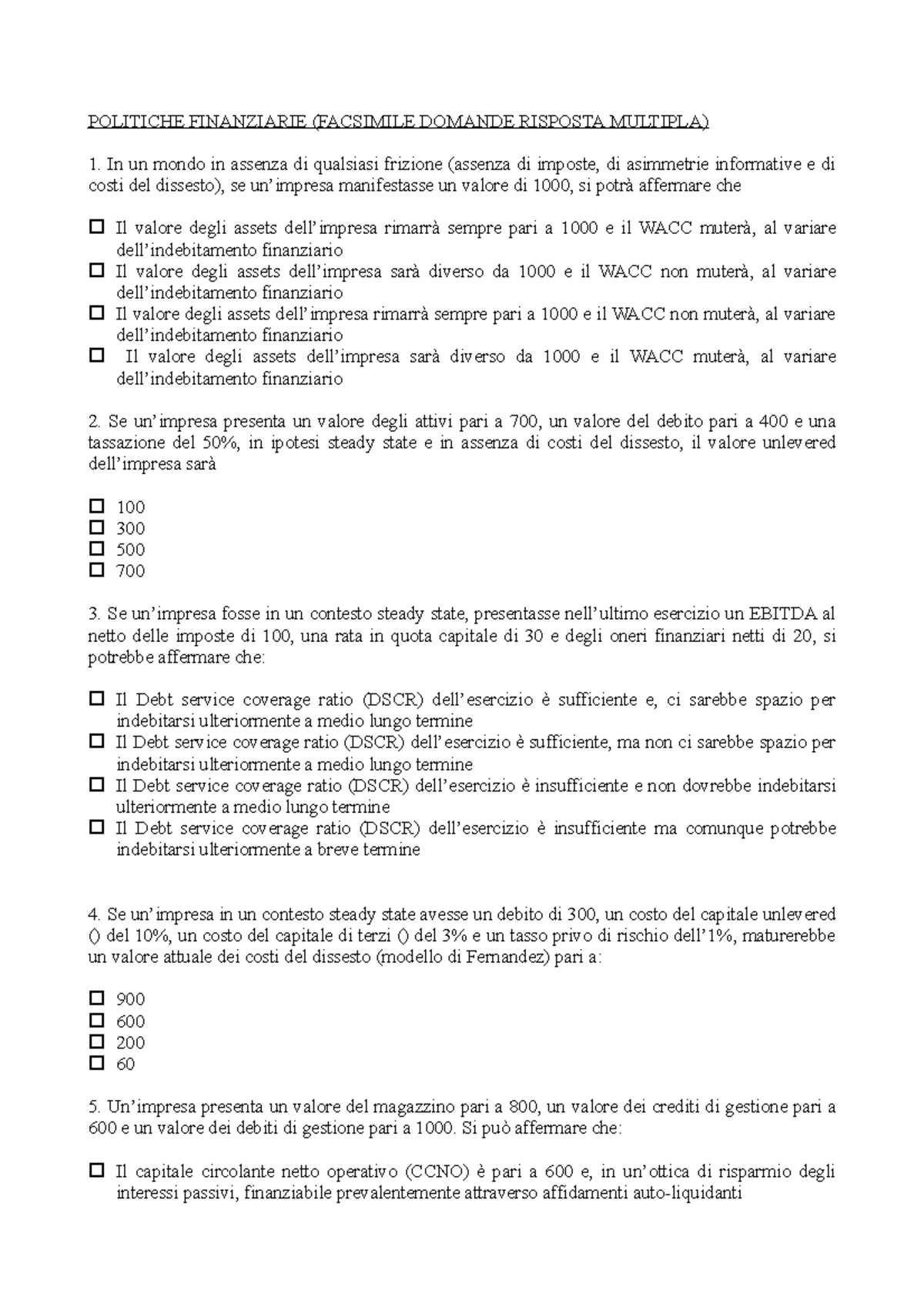 Fac-simile crocette - ESEMPI D'ESAME - POLITICHE FINANZIARIE (FACSIMILE ...