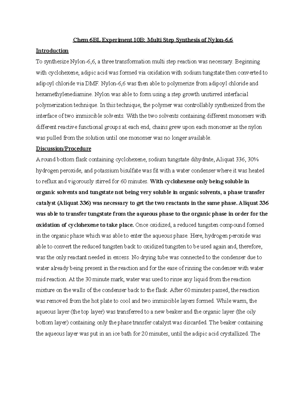 CHEM6BL EXP10B Synthesis of Nylon-6,6 - Chem 6BL Experiment 10B: Multi ...