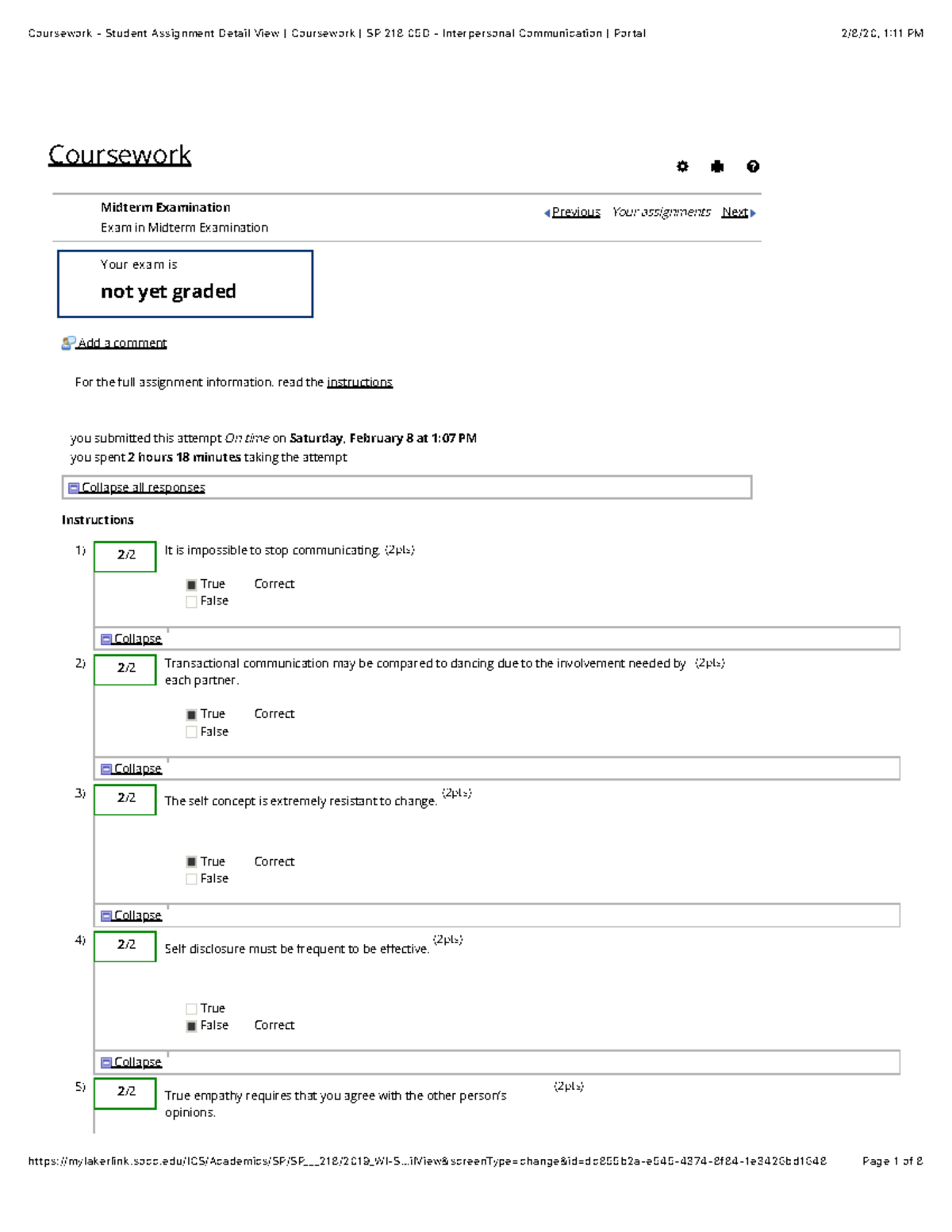 Midterm - (2pts) True Correct False Collapse 2) 2 /2 Transactional communication may be compared ...