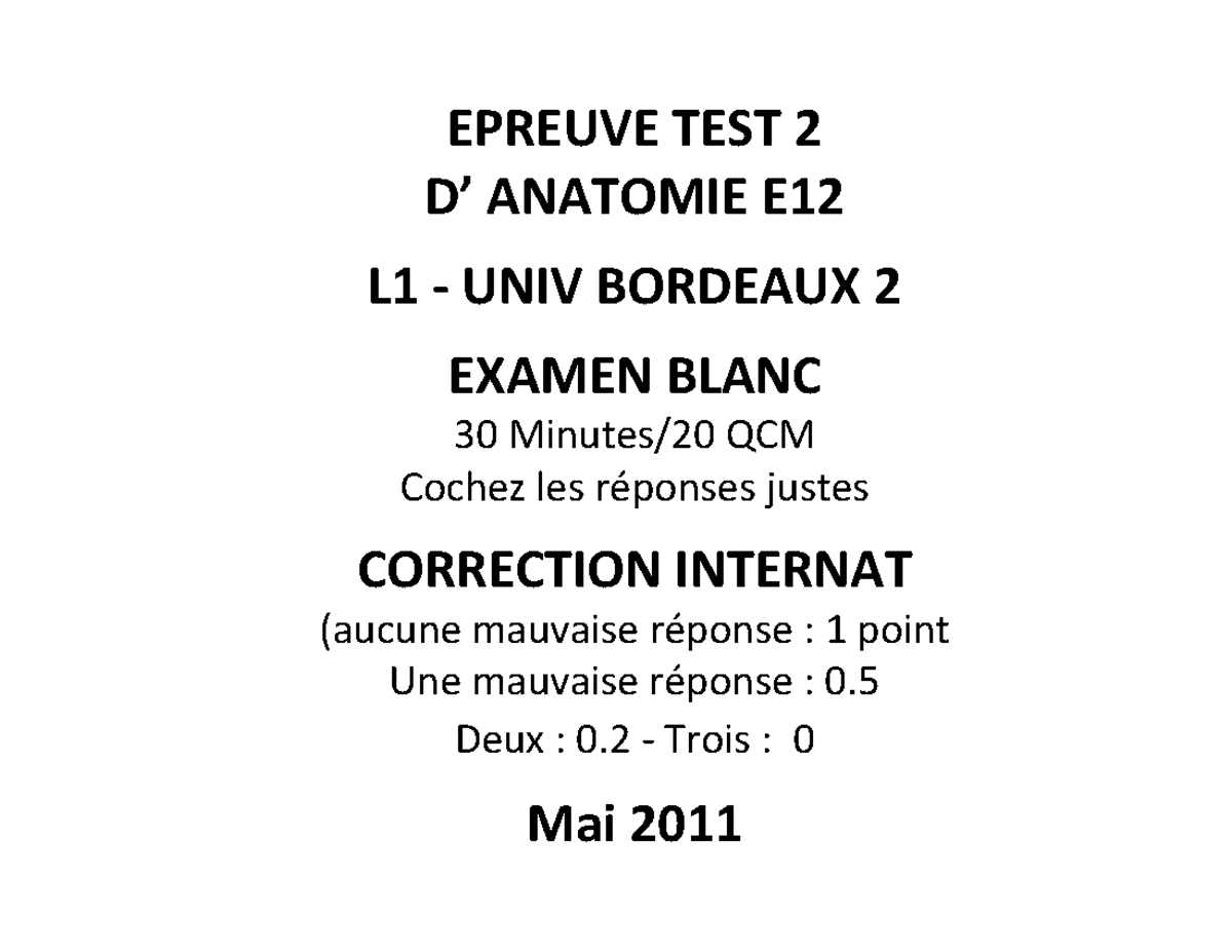 Qcm2 c - RAS - EPREUVE TEST 2 D’ ANATOMIE E L1 - UNIV BORDEAUX 2 EXAMEN ...