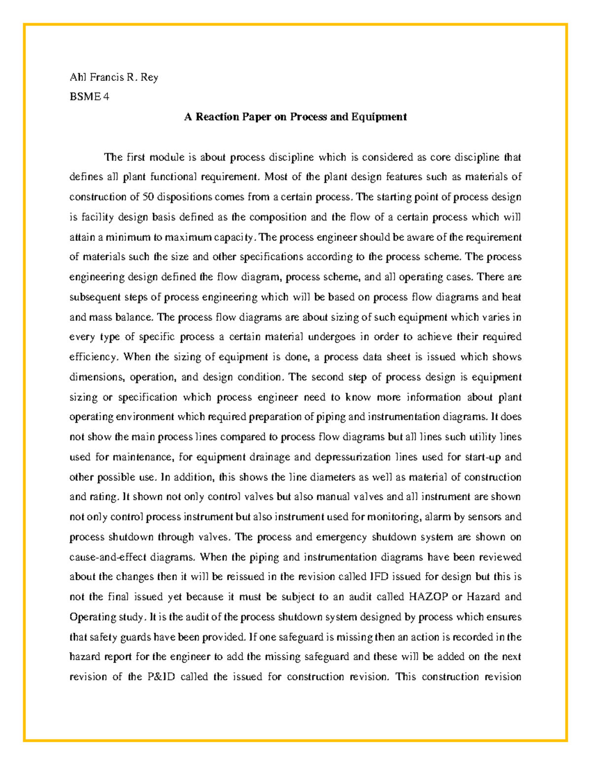 REY, Ahl Francis Reaction Paper on Process and Equipment - Ahl Francis ...