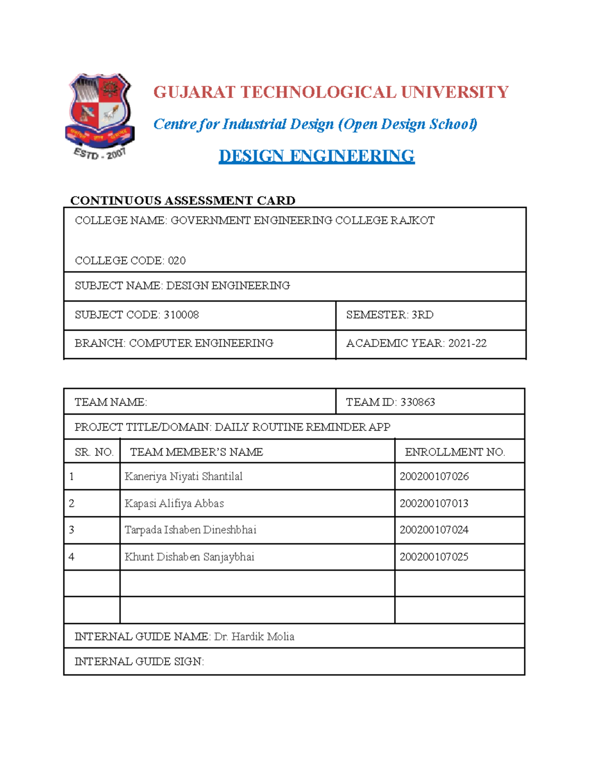 Monthly Assessment – I 330863 - GUJARAT TECHNOLOGICAL UNIVERSITY Centre ...