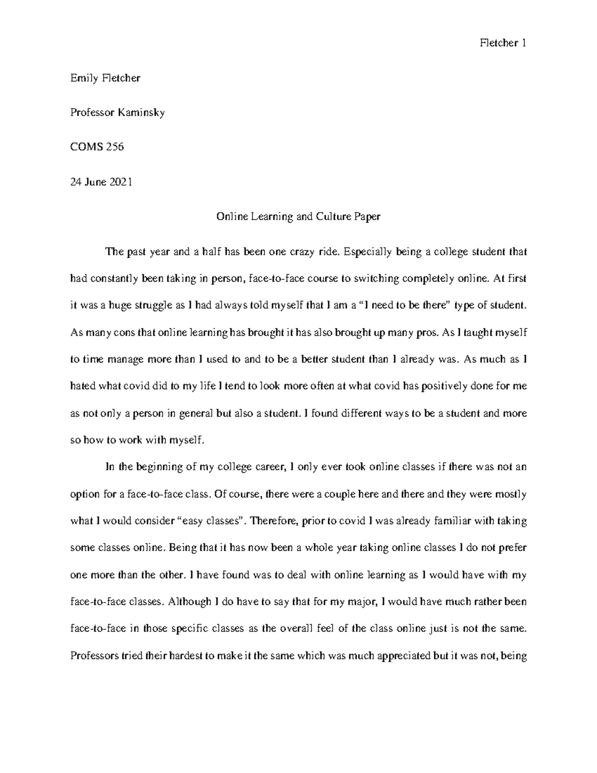 Online Learning and Culture Paper - Emily Fletcher Professor Kaminsky ...