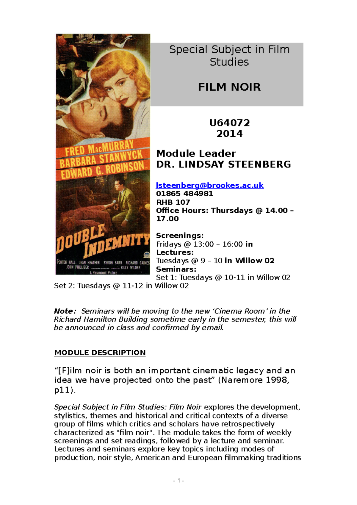 Film Noir Handbook - Special Subject in Film Studies FILM NOIR U 2014 ...