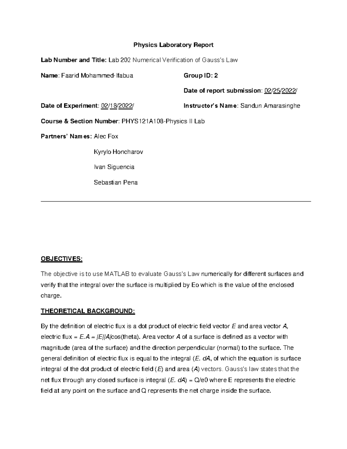 Physics Laboratory Report 202 Numerical Verification of Gauss's Law ...