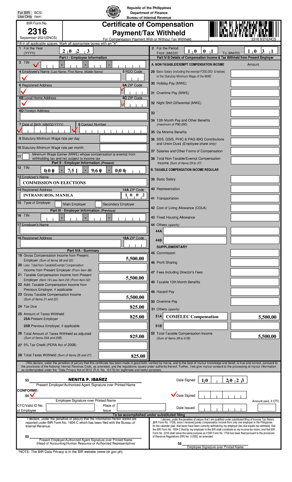 BIR Form 2316 BSKE 2023 DESO SS - For Compensation Payment With or ...