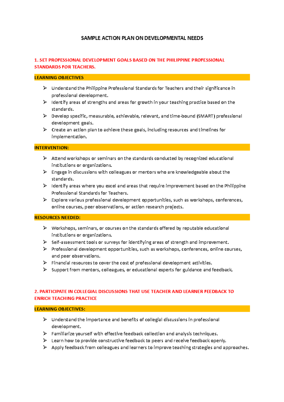 Sample Action PLAN ON Developmental Needs 2023 - SAMPLE ACTION PLAN ON ...