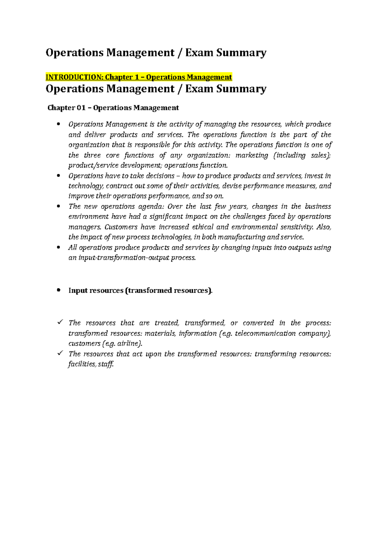 Operations Management Summary - Operations Management Exam Summary ...