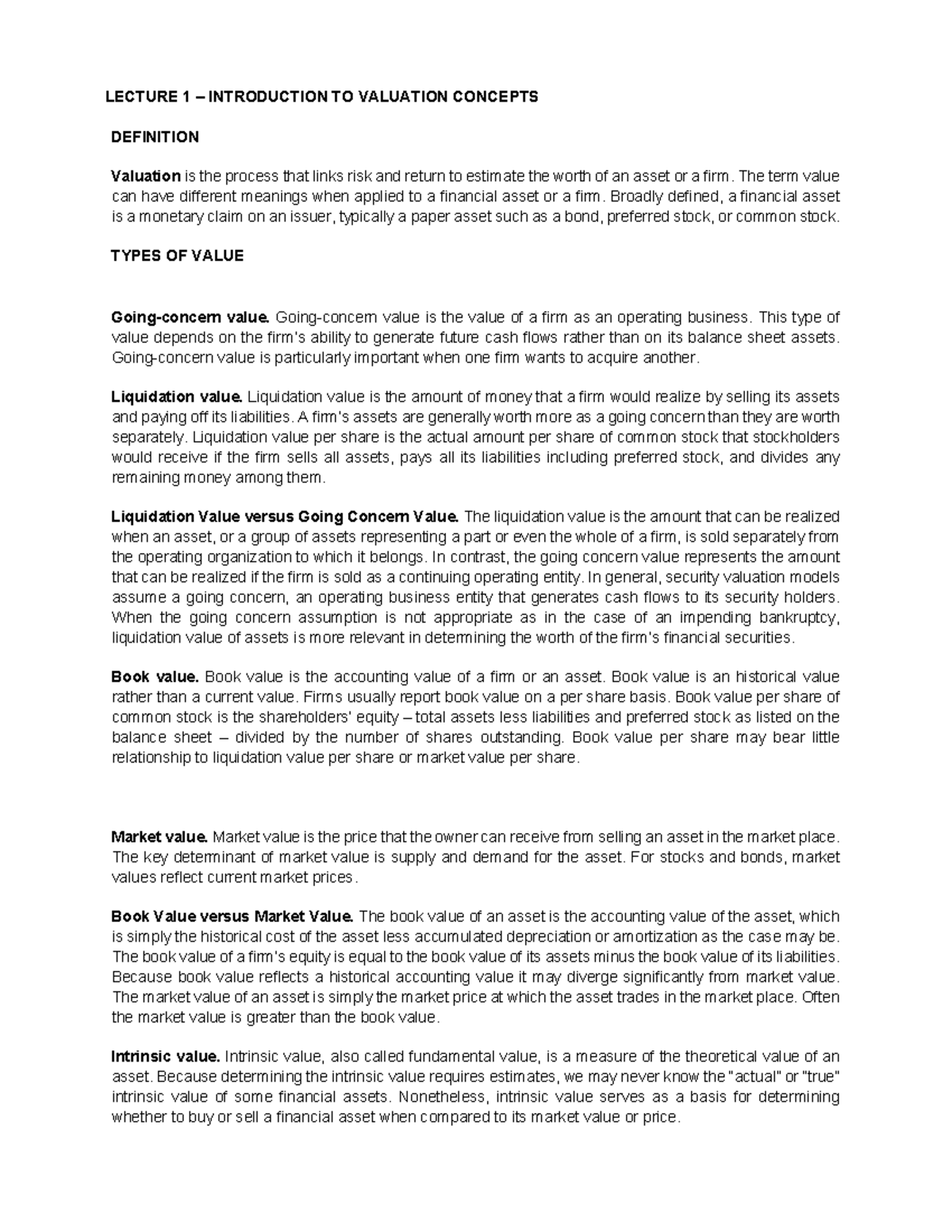 Valuation Concepts and Methods - Lecture 1 Introduction to Valuation Concept - LECTURE 1 – - Studocu