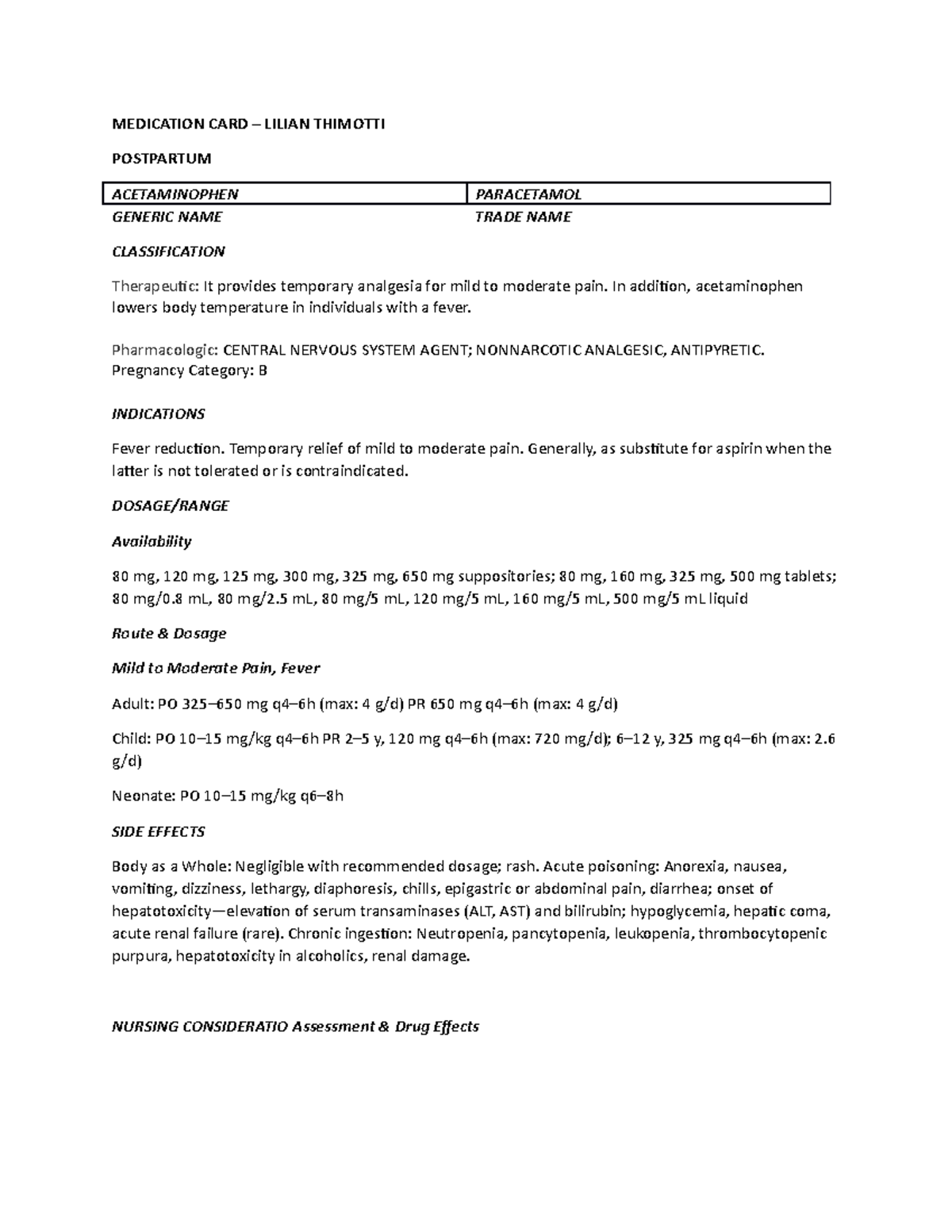 Acetaminophen MEDICAMENT CARD - MEDICATION CARD – LILIAN THIMOTTI ...