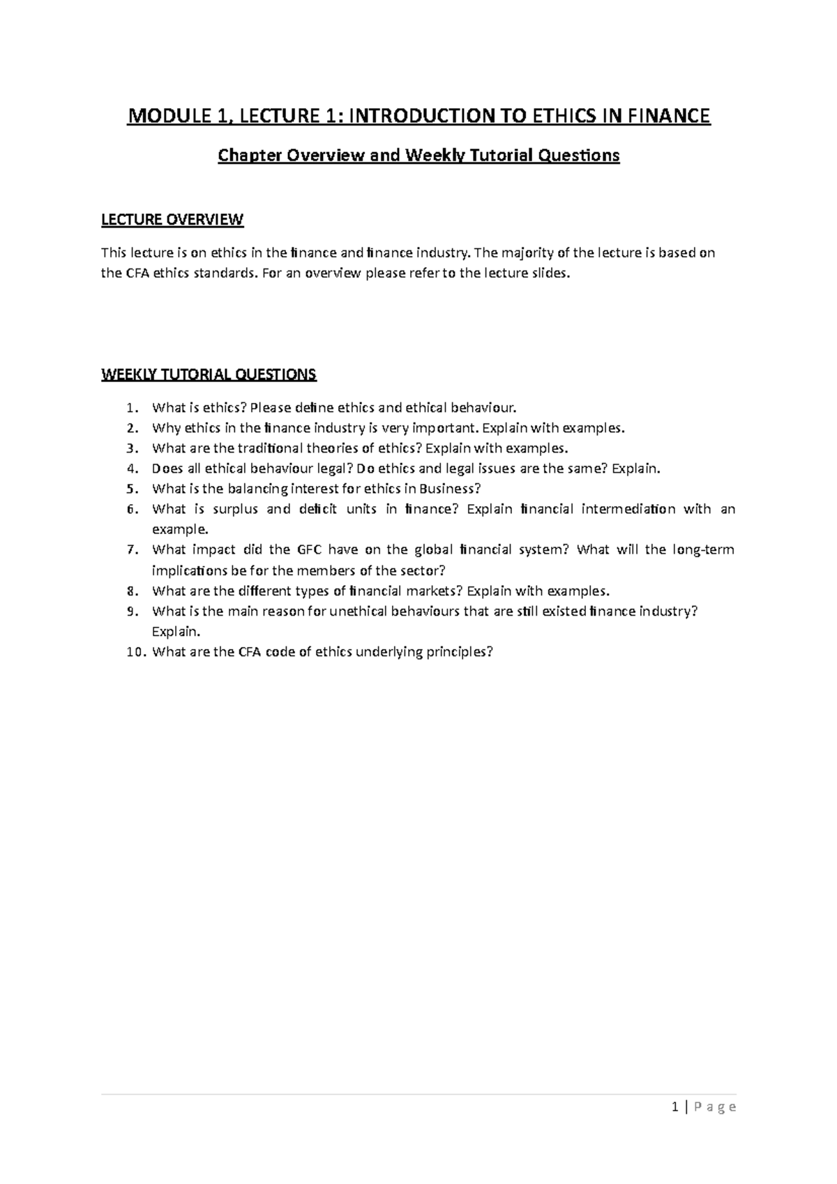FIN2001 6 Module 1 Lecture 1 Ethics in Finance Questions - MODULE 1, LECTURE 1: INTRODUCTION TO ...