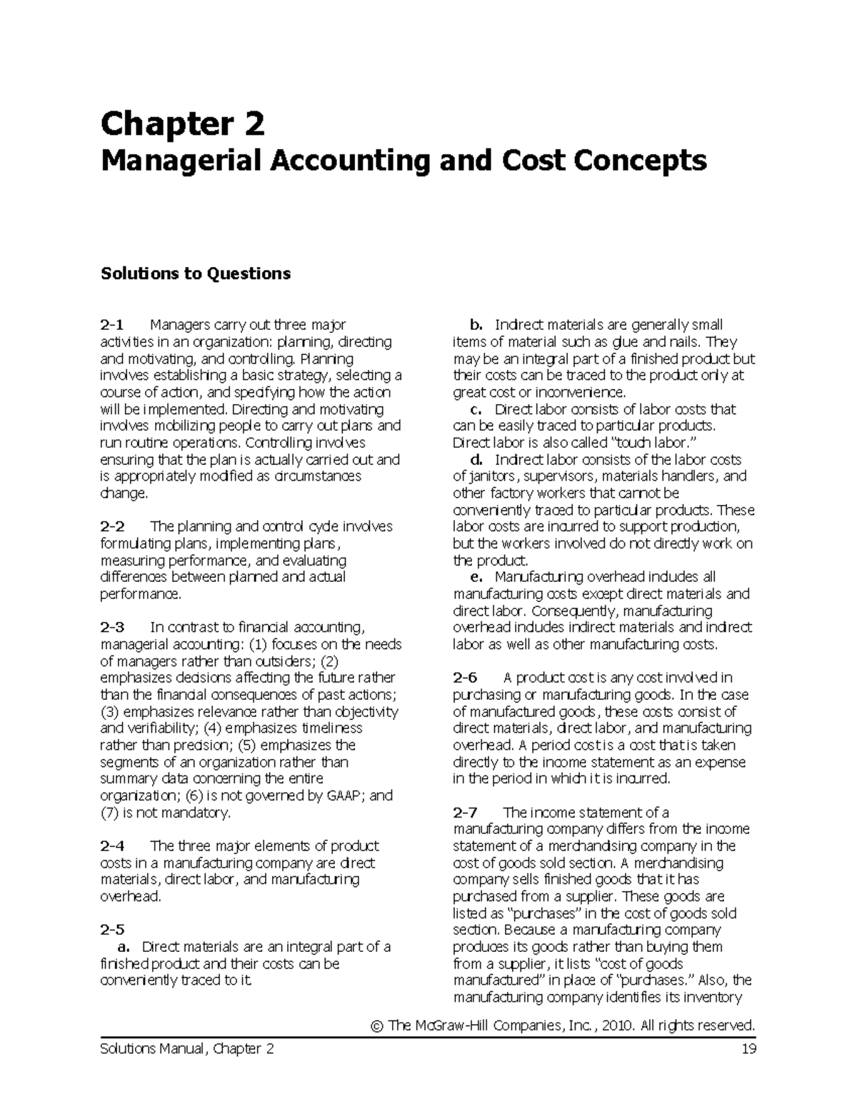 Managerial accounting chapter 2 solution - © The McGraw-Hill Companies ...