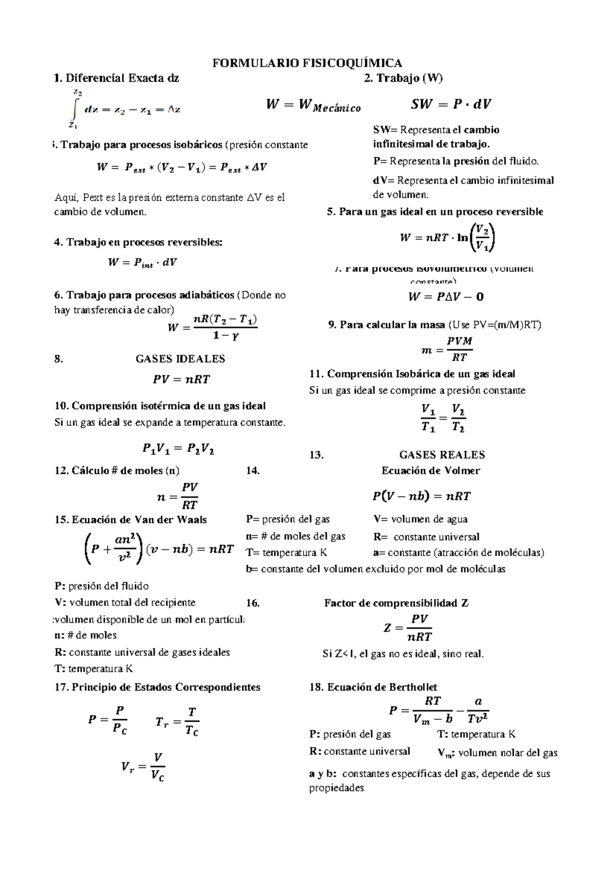 Formulas de repaso para fisicoquimica - R= constante universal n: # de moles R: constante ...