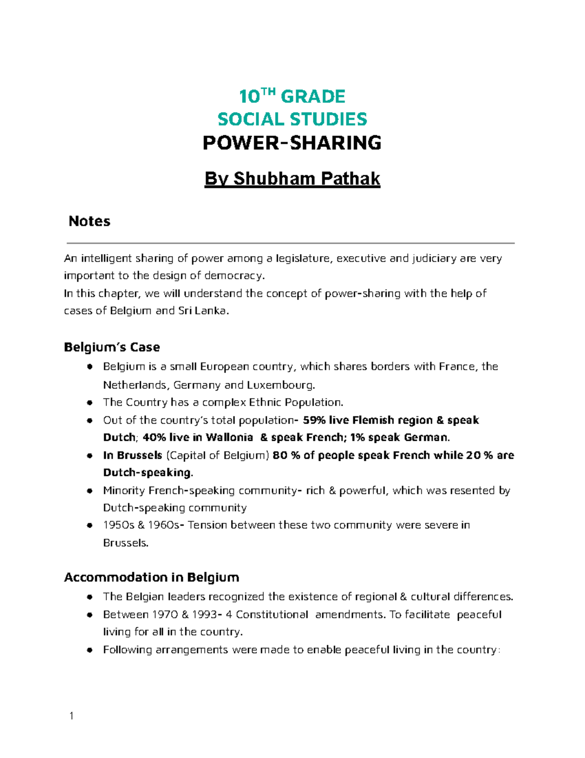 Class 10 Notes- Power Sharing (1) - 10 TH GRADE SOCIAL STUDIES POWER ...