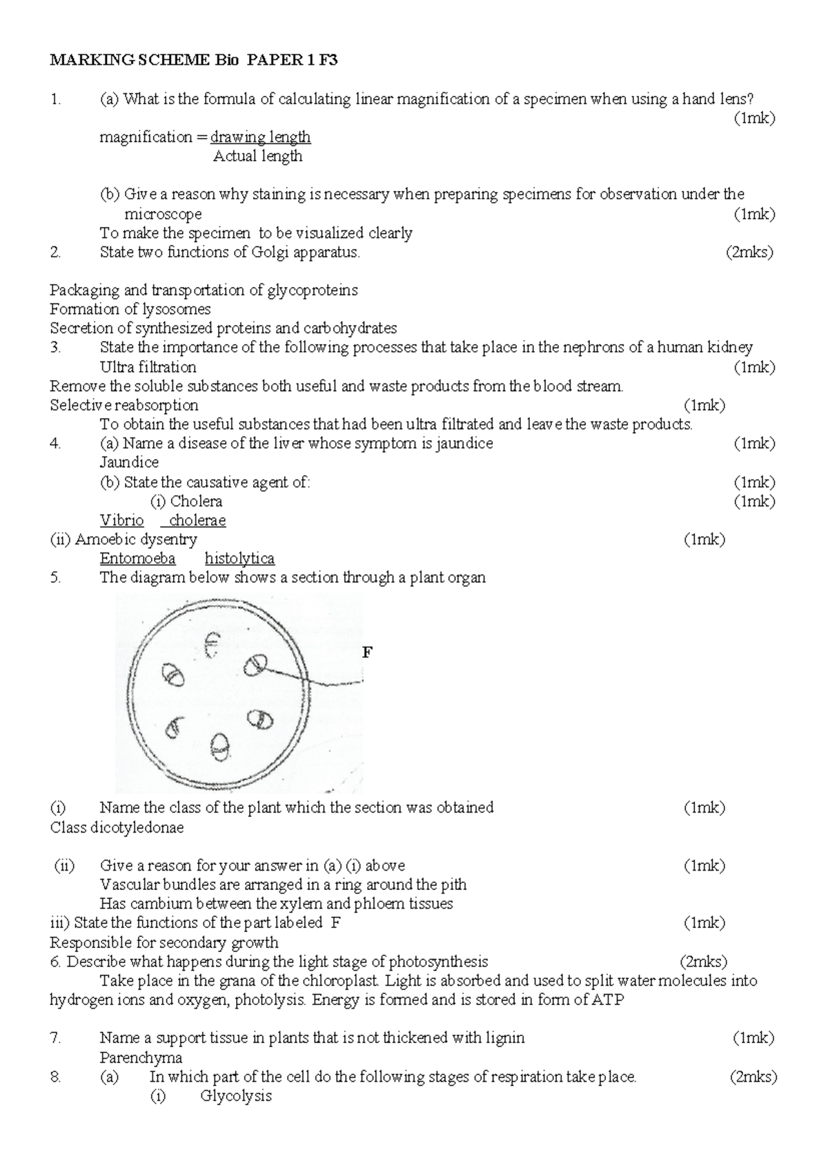 Bio pp1 MS - Biology - MARKING SCHEME Bio PAPER 1 F (a) What is the ...