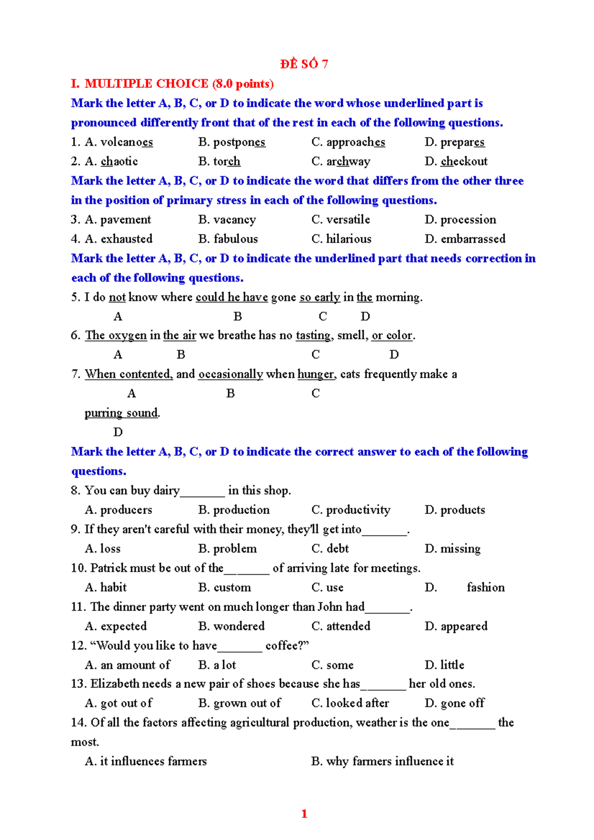ĐỀ SỐ 7 - ĐỀ TUYẾN SINH FORM VÀO 10 FORM HÀ NỘI - ĐỀ SỐ 7 I. MULTIPLE ...