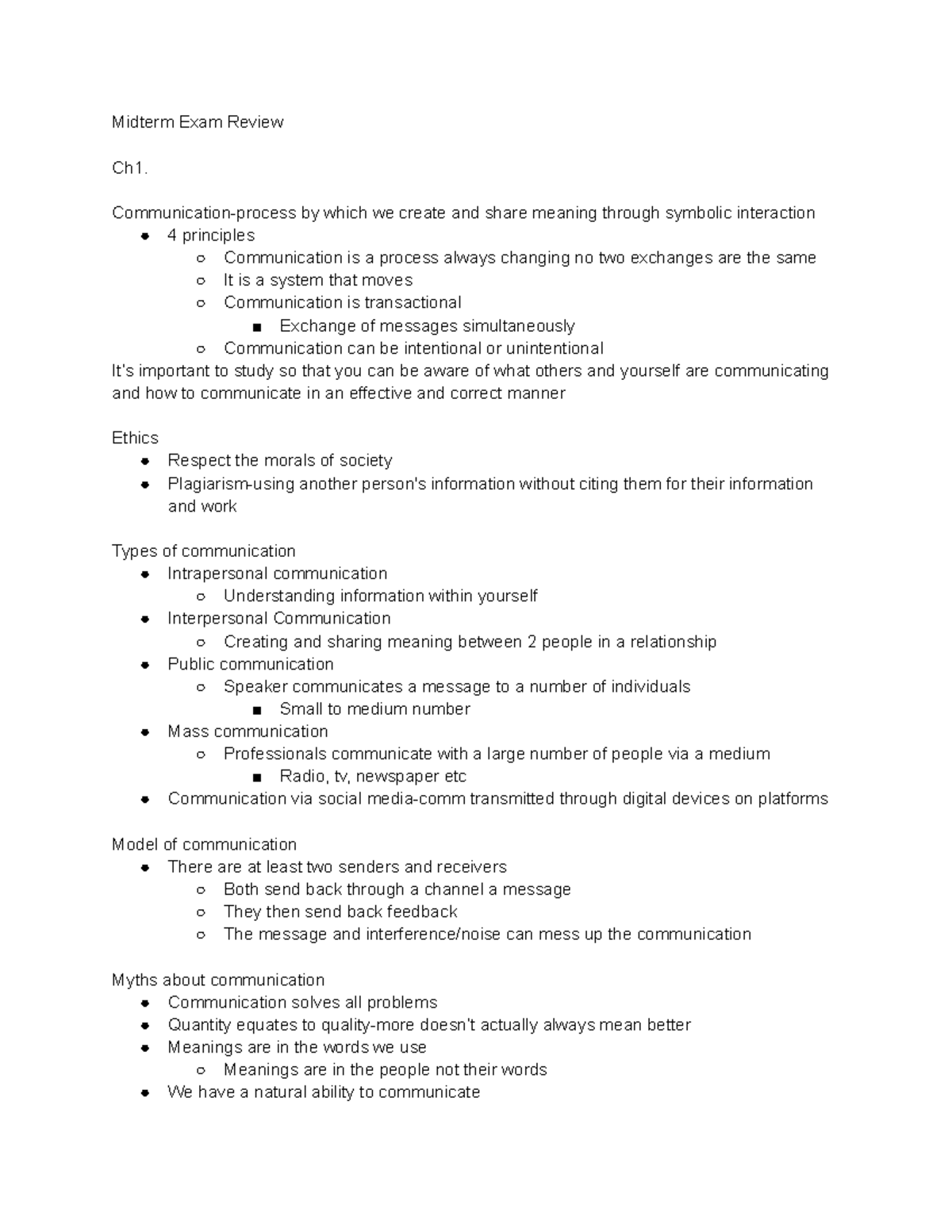 Comm Midtern Exam Review - Midterm Exam Review Ch1. Communication-process by which we create and ...