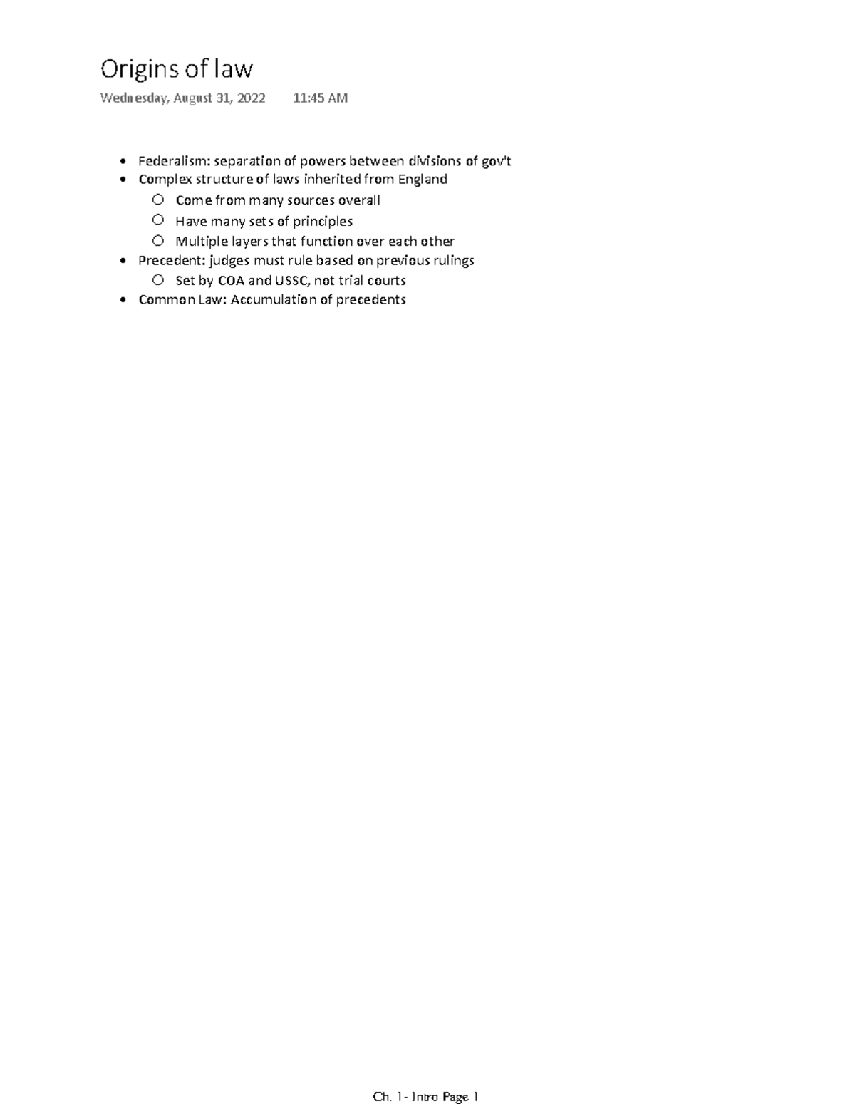 Ch. 1- Intro - Federalism: separation of powers between divisions of ...