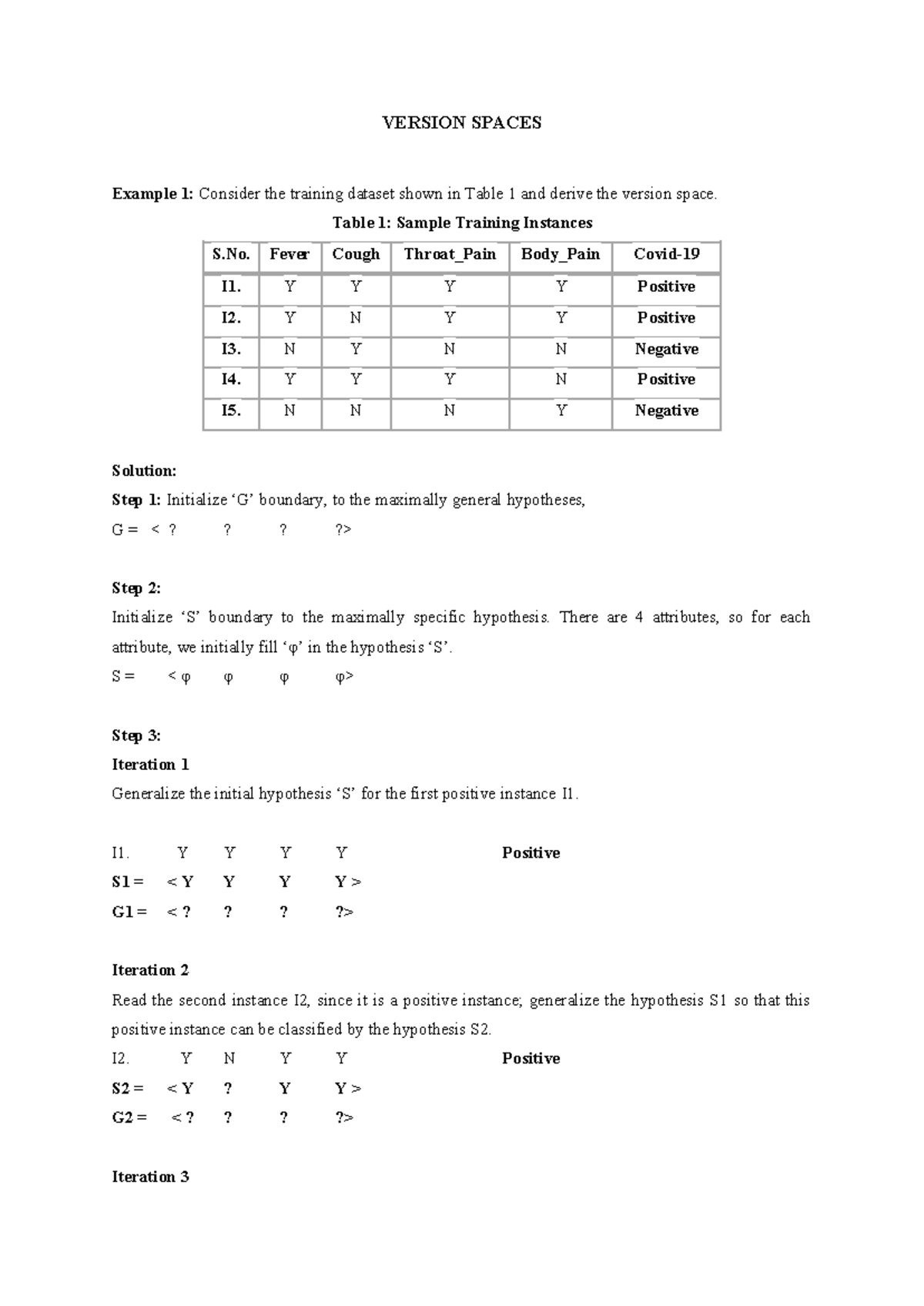 03 Section 3 - Example problem - VERSION SPACES Example 1: Consider the ...