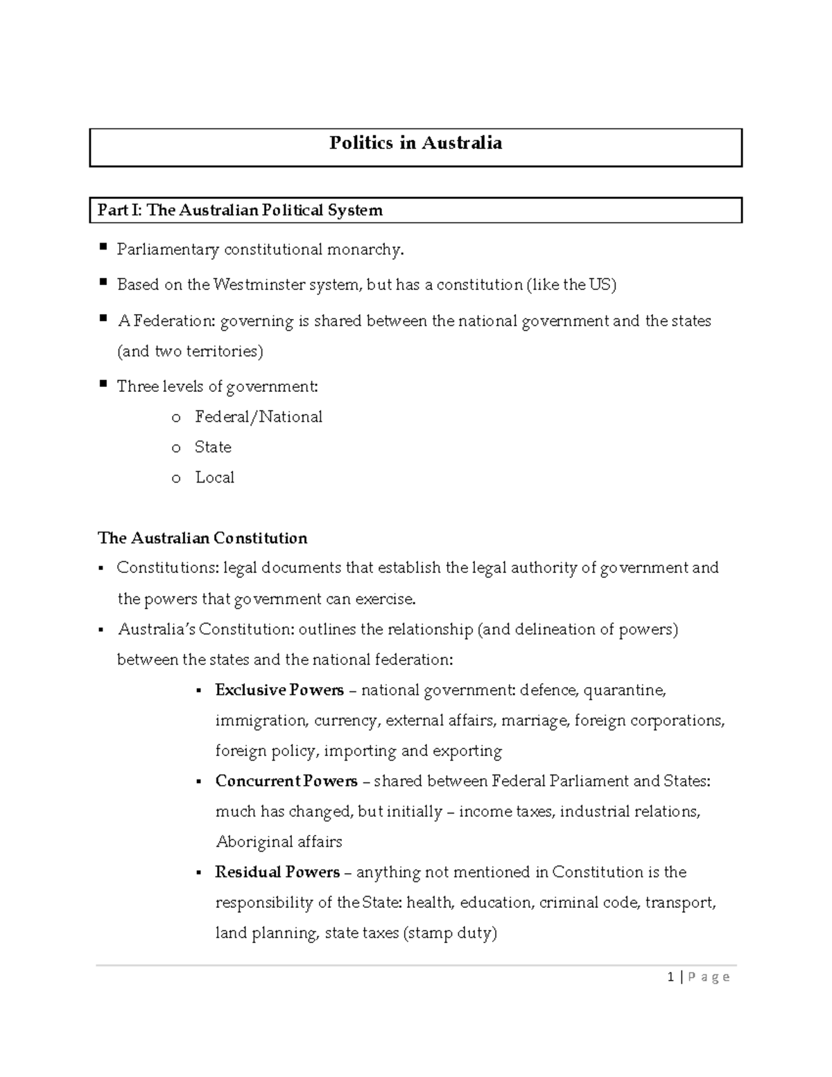 Week Eleven Politics of Australia lecture notes for students - Politics ...