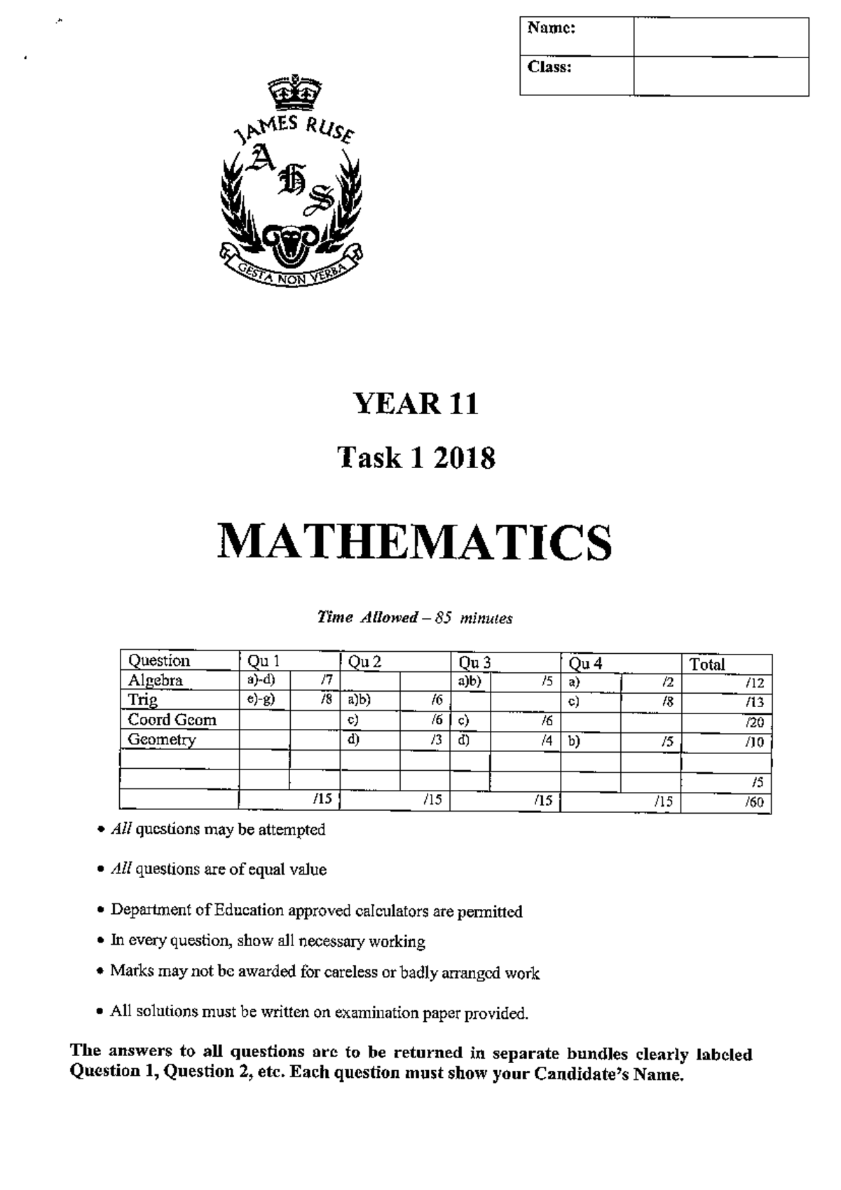 2018 Year11 Task 1 2u Maths - MATH1005 - Studocu