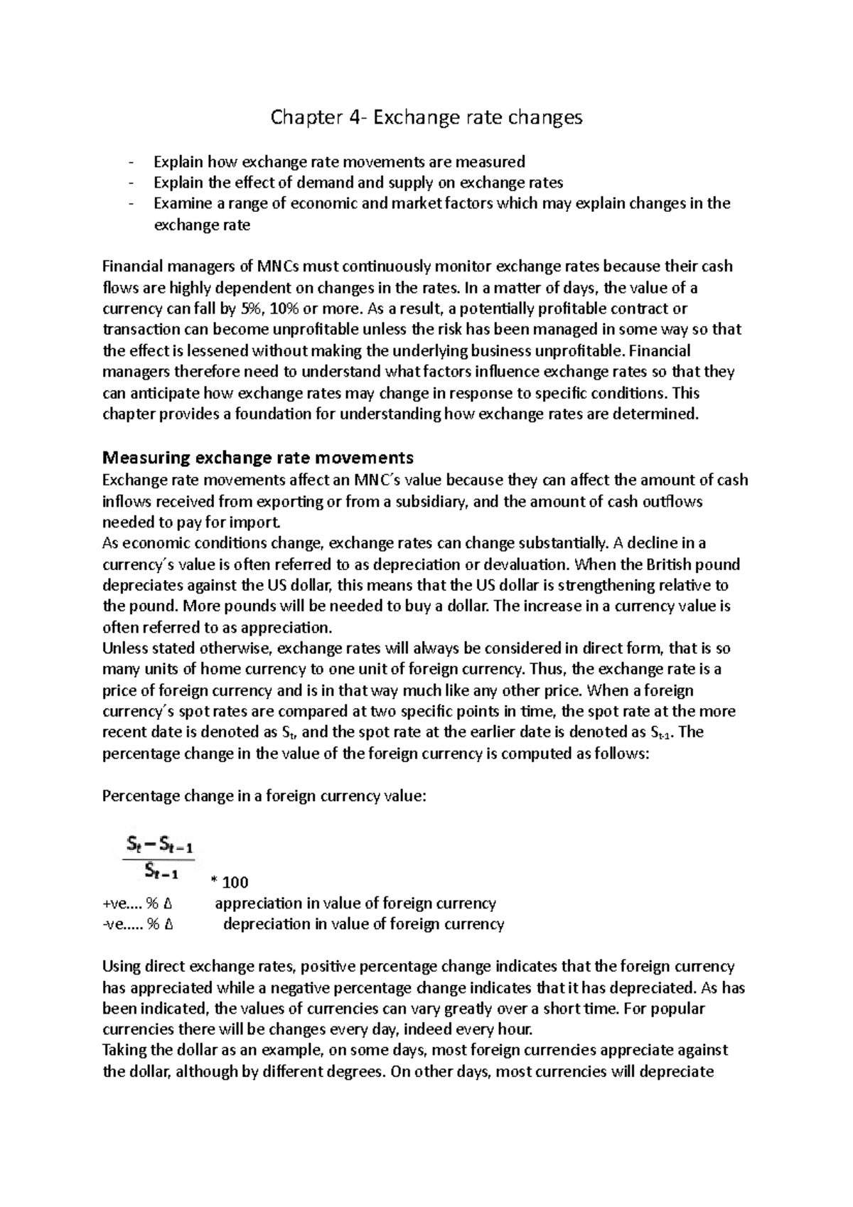 Chapter 4 - Notes - Chapter 4- Exchange rate changes Explain how ...