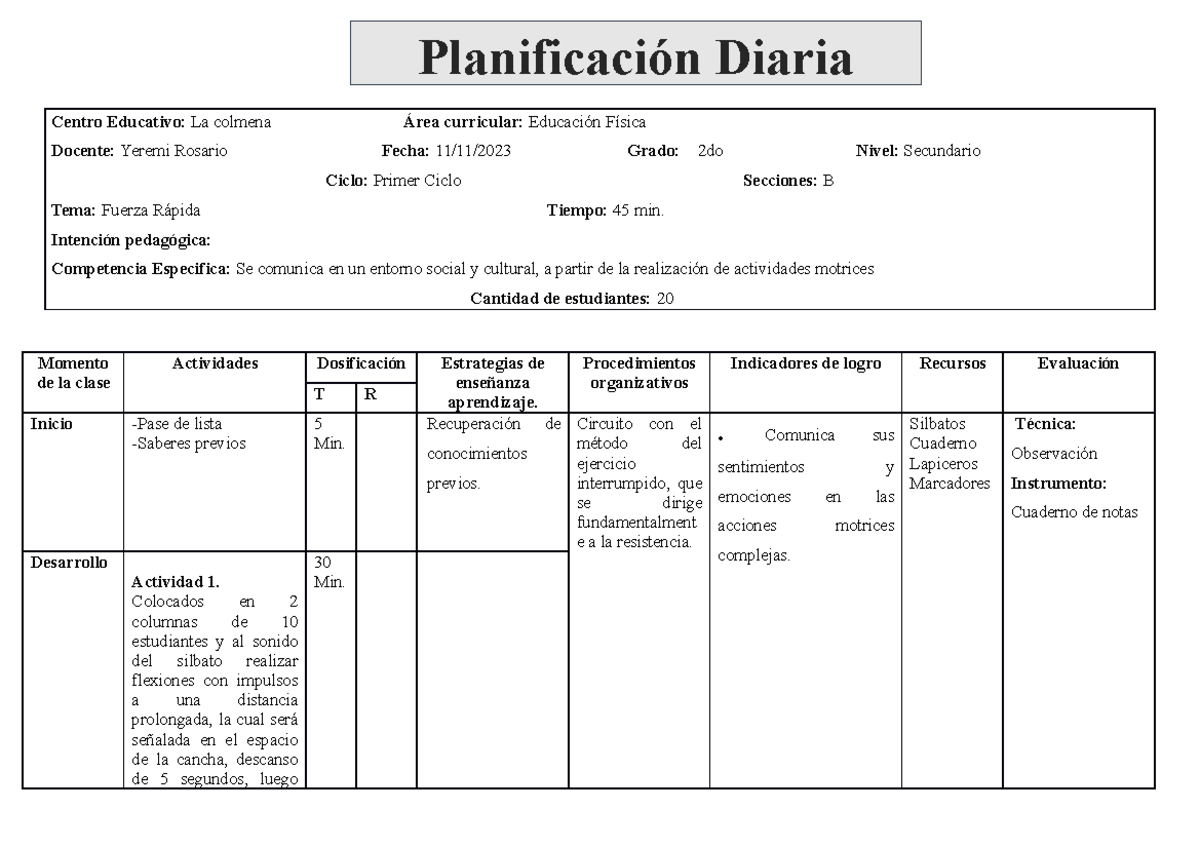 Plan Diario - Planificacion Diaria - Centro Educativo: La colmena Área ...