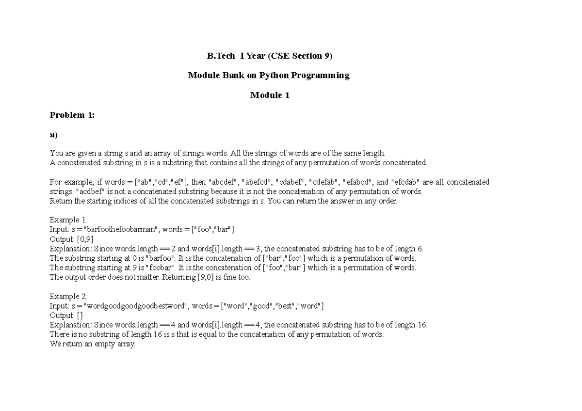 Module Bank Examination For Module I Cse Sec 9 Python B I Year Cse