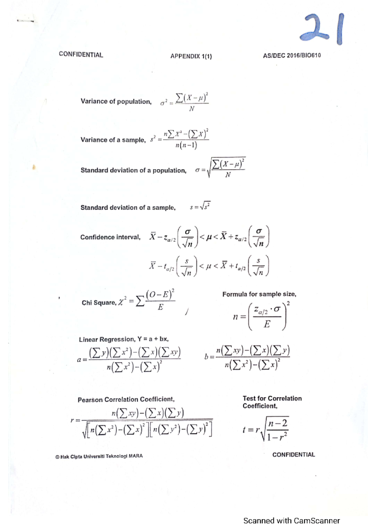 Formula for Exam BIO610 - Statistics For Science And Engineering - Studocu