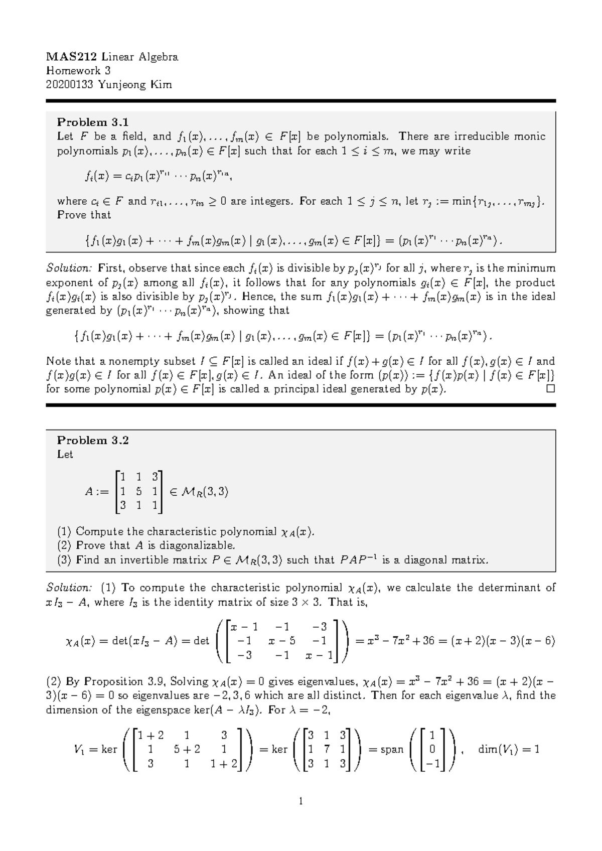 HW3 Linear Algebra 202001 33 - MAS212 Linear Algebra Homework 3 ...