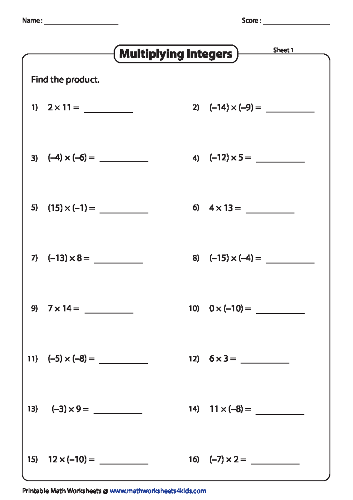 Multiply-integers 1 - hdhqwdi - English as a first language - Name ...