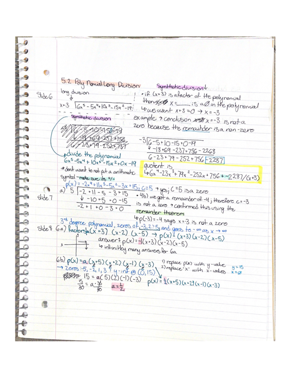 5.2 and 5.3 Polynomial Long Division and Rational Zero hand written ...