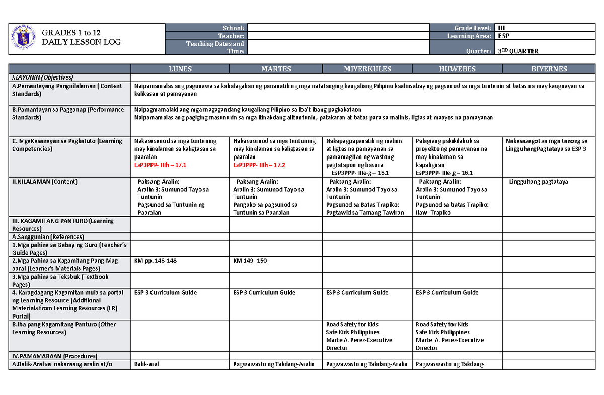 DLL ESP 3 Q3 W4 - Assignment Lesson plan for Esp - GRADES 1 to 12 DAILY ...