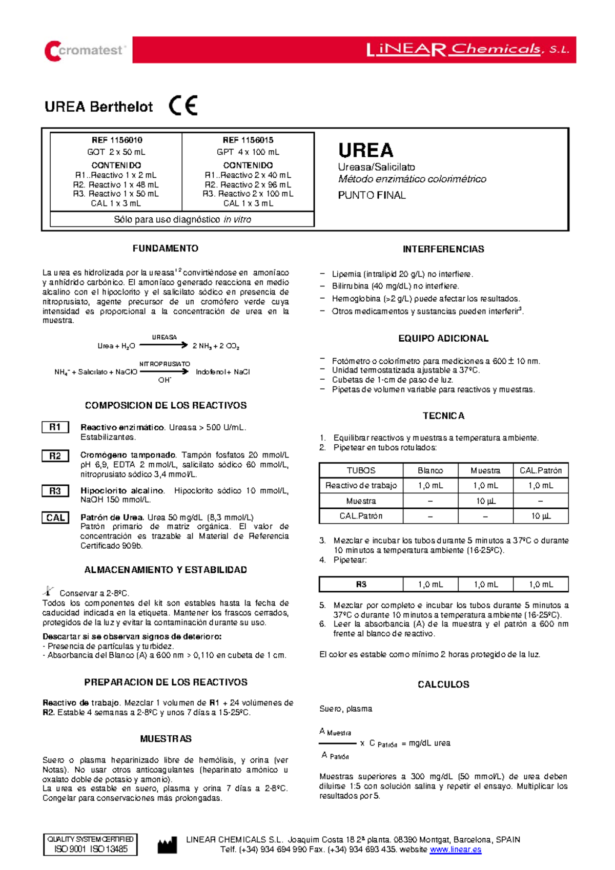 Metodo Urea - UREA Berthelot REF 1156010 REF 1156015 GOT 2 x 50 mL GPT ...