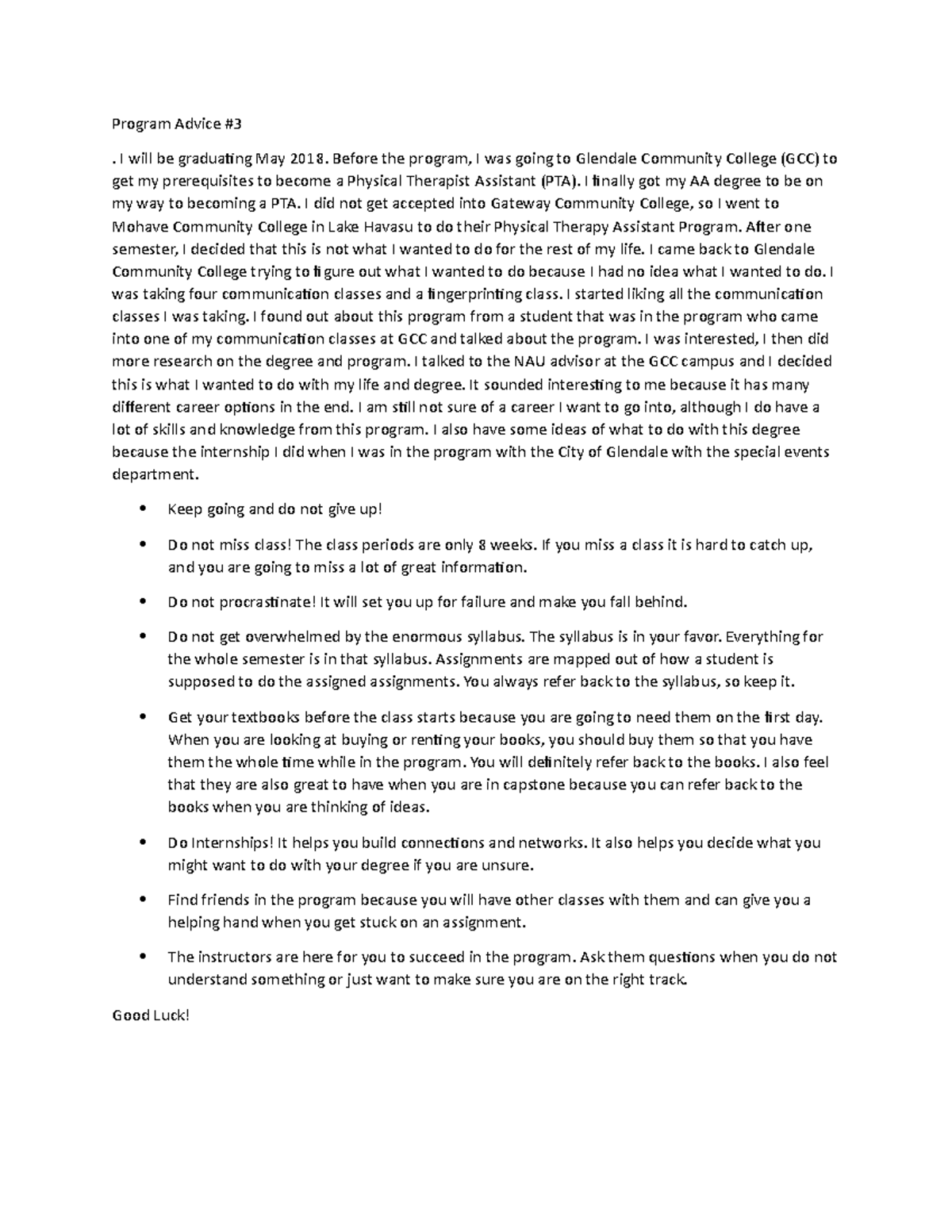 PA 3 - Program Advice. - Program Advice #3 . I will be graduating May ...