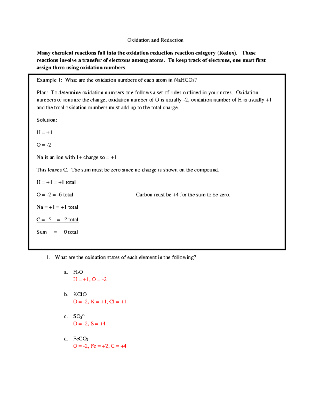 7.e Redox Reactions Key - Oxidation and Reduction Many chemical ...