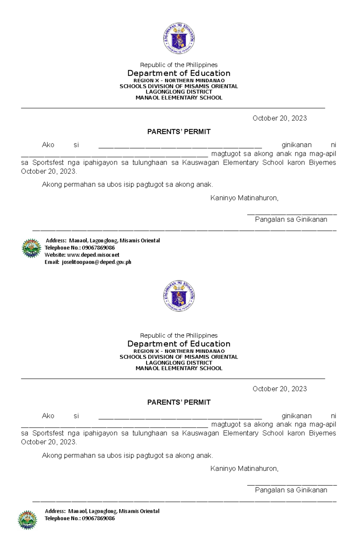 Parents-Permit - j;o - Republic of the Philippines Department of ...