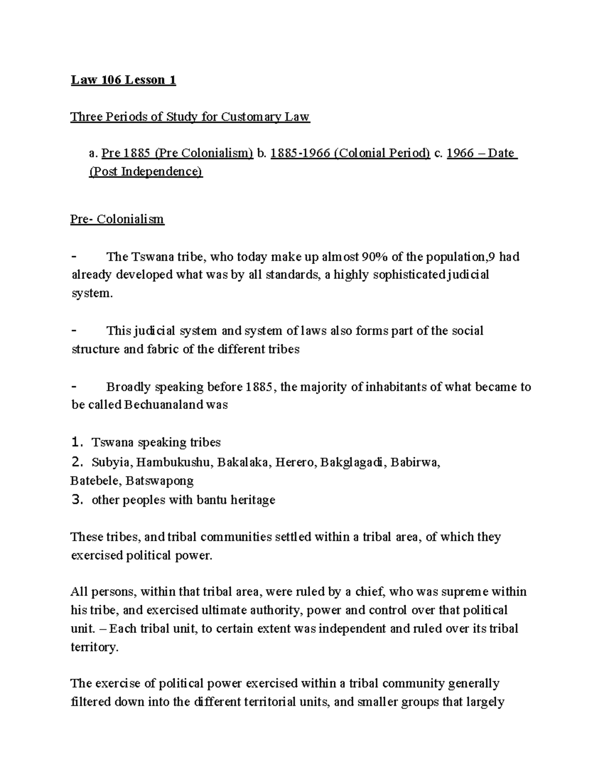 Customary law notes - Law 106 Lesson 1 Three Periods of Study for ...