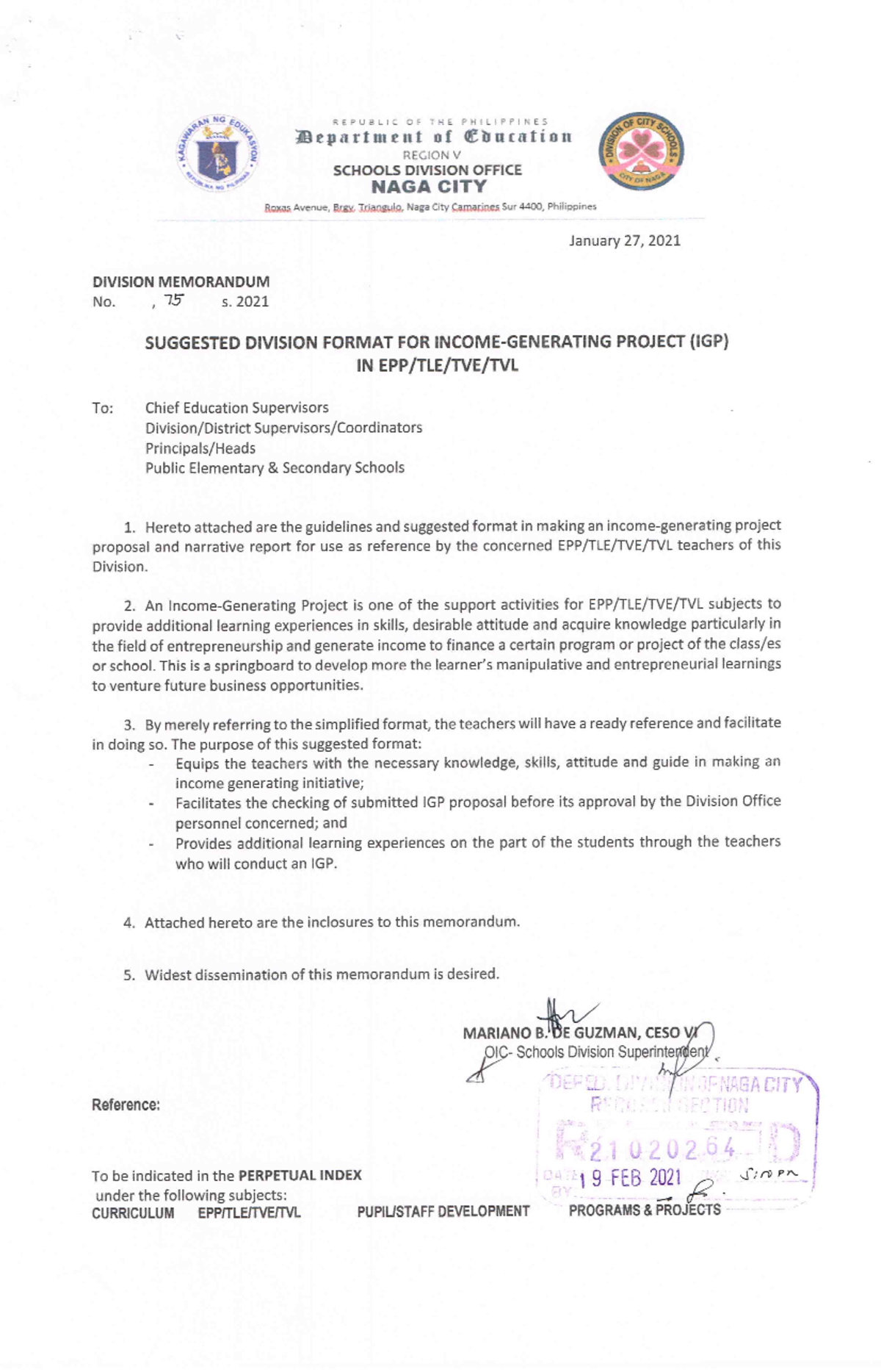DM No. 75, s. 2021 Suggested Division Format for Income-Generating ...