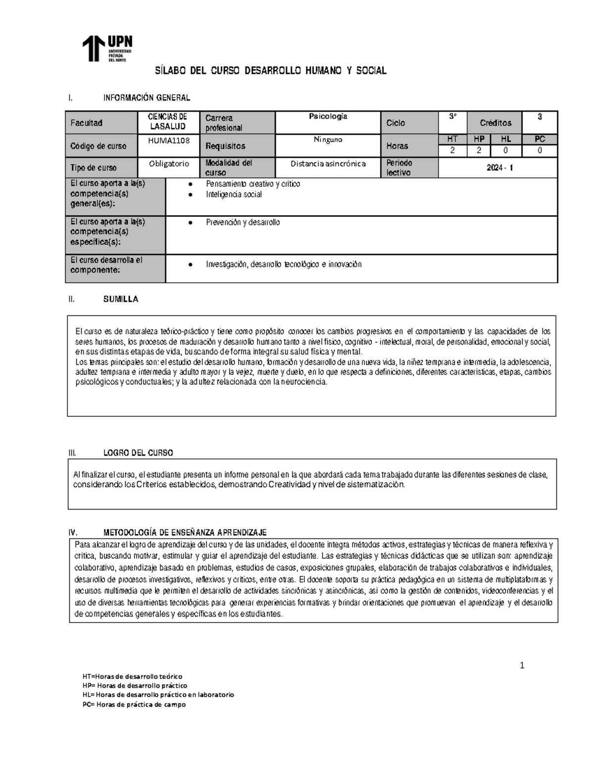 Sílabo DE Desarrollo Humano Y Social - 1 HT=Horas de desarrollo teórico HP= Horas de desarrollo ...