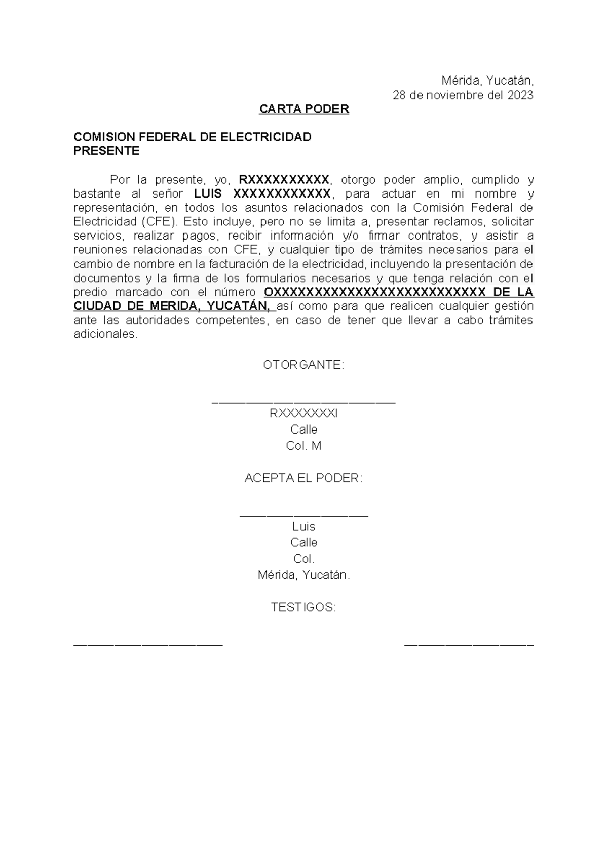 Carta-poder-cfe2 - CARTA PODER CFE - Mérida, Yucatán, 28 de noviembre ...
