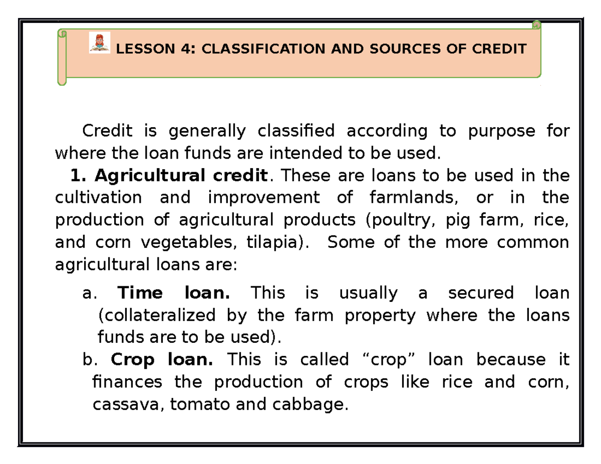 Credit and collection Lesson 4 - Credit is generally classified ...