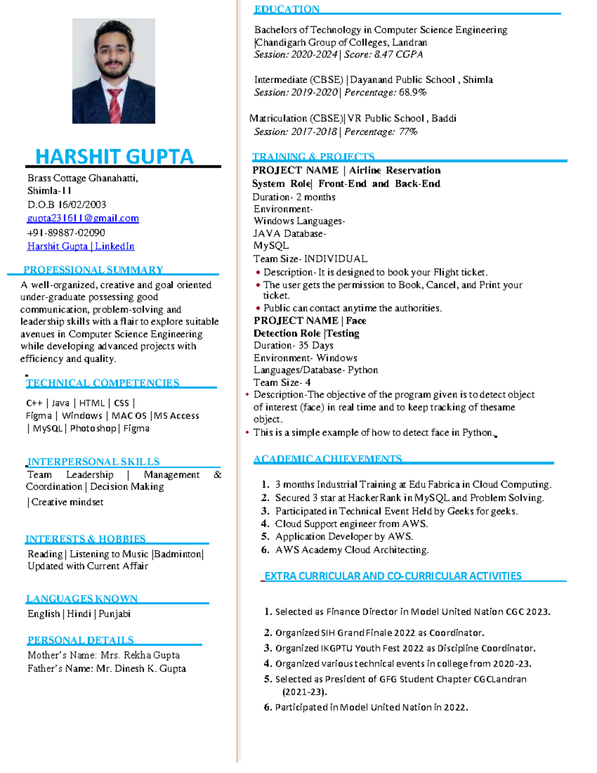 Harshit Gupta Resume - Summary Btech Cse - HARSHIT GUPTA Brass Cottage Ghanahatti, Shimla- 11 D ...