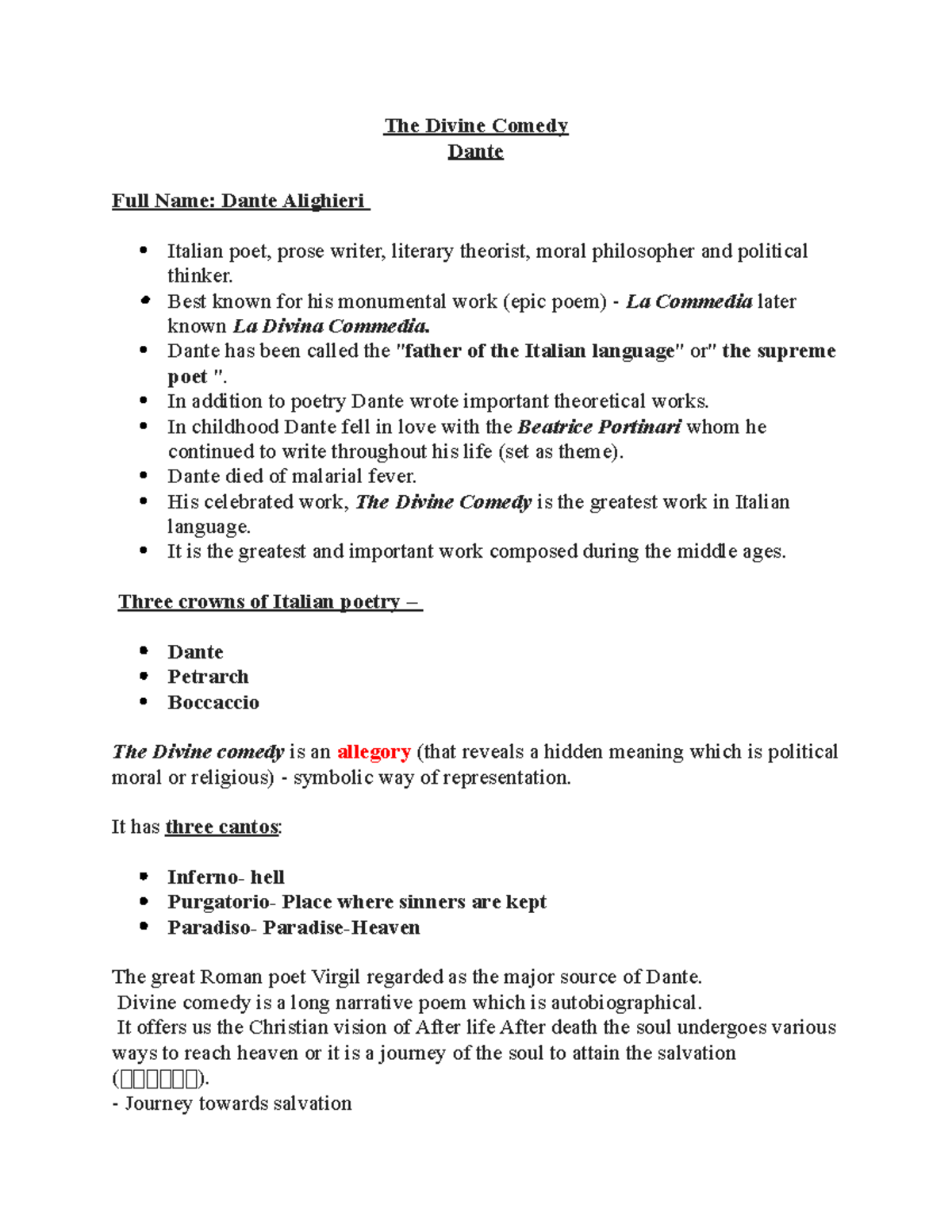 The Divine Comedy- Notes - The Divine Comedy Dante Full Name: Dante ...