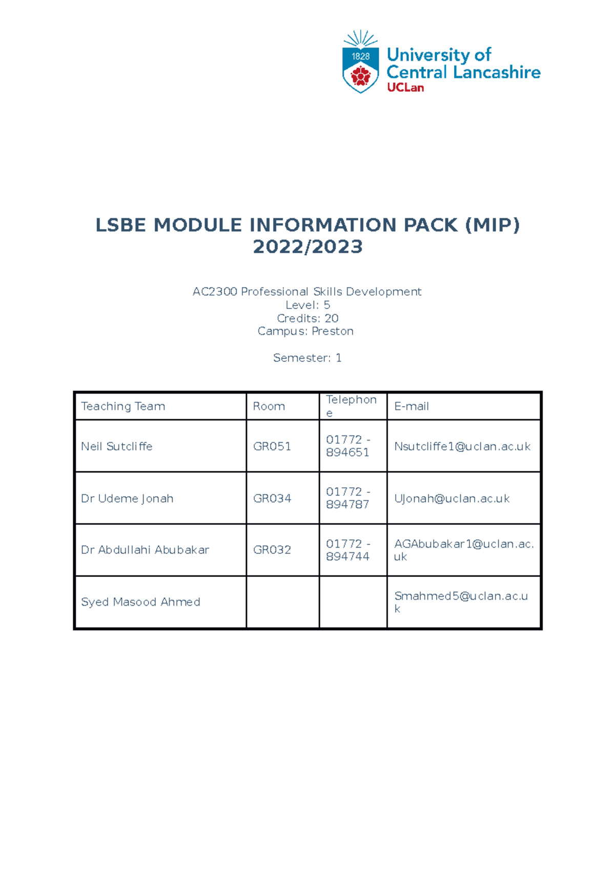 AC2300 MIP 2022 23 - LSBE MODULE INFORMATION PACK (MIP) 2022/ AC2300 Professional Skills ...