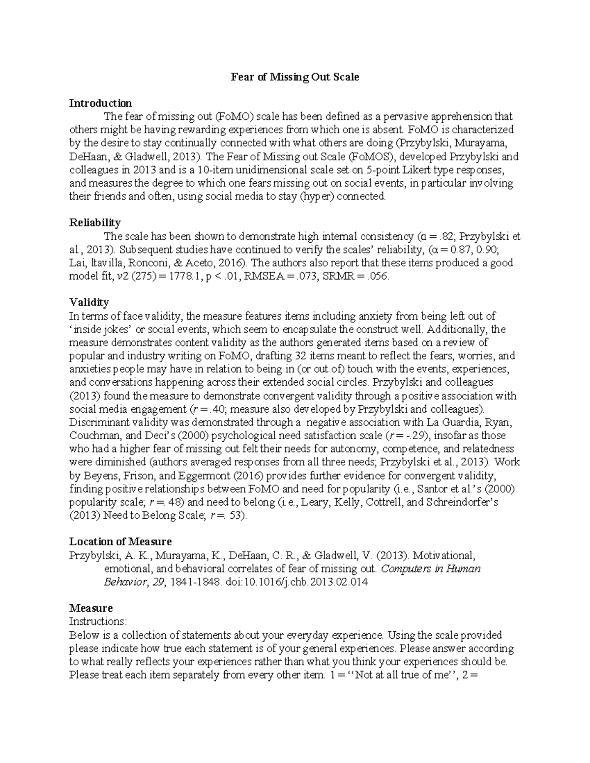 Fearof Missing Out Scale - Fear of Missing Out Scale Introduction The ...