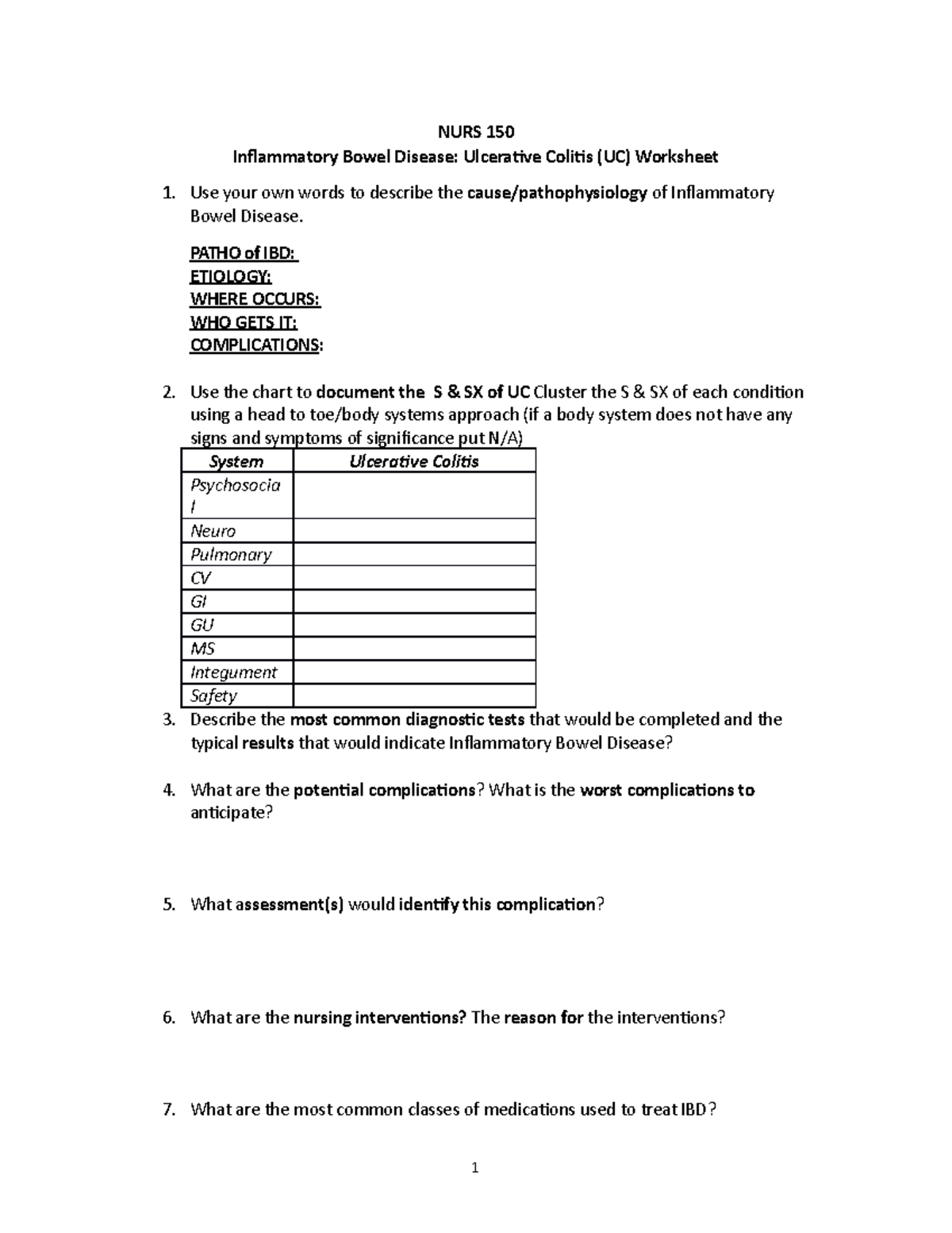 LP10 UC Worksheet Assignment (1) - NURS 150 Inflammatory Bowel Disease ...