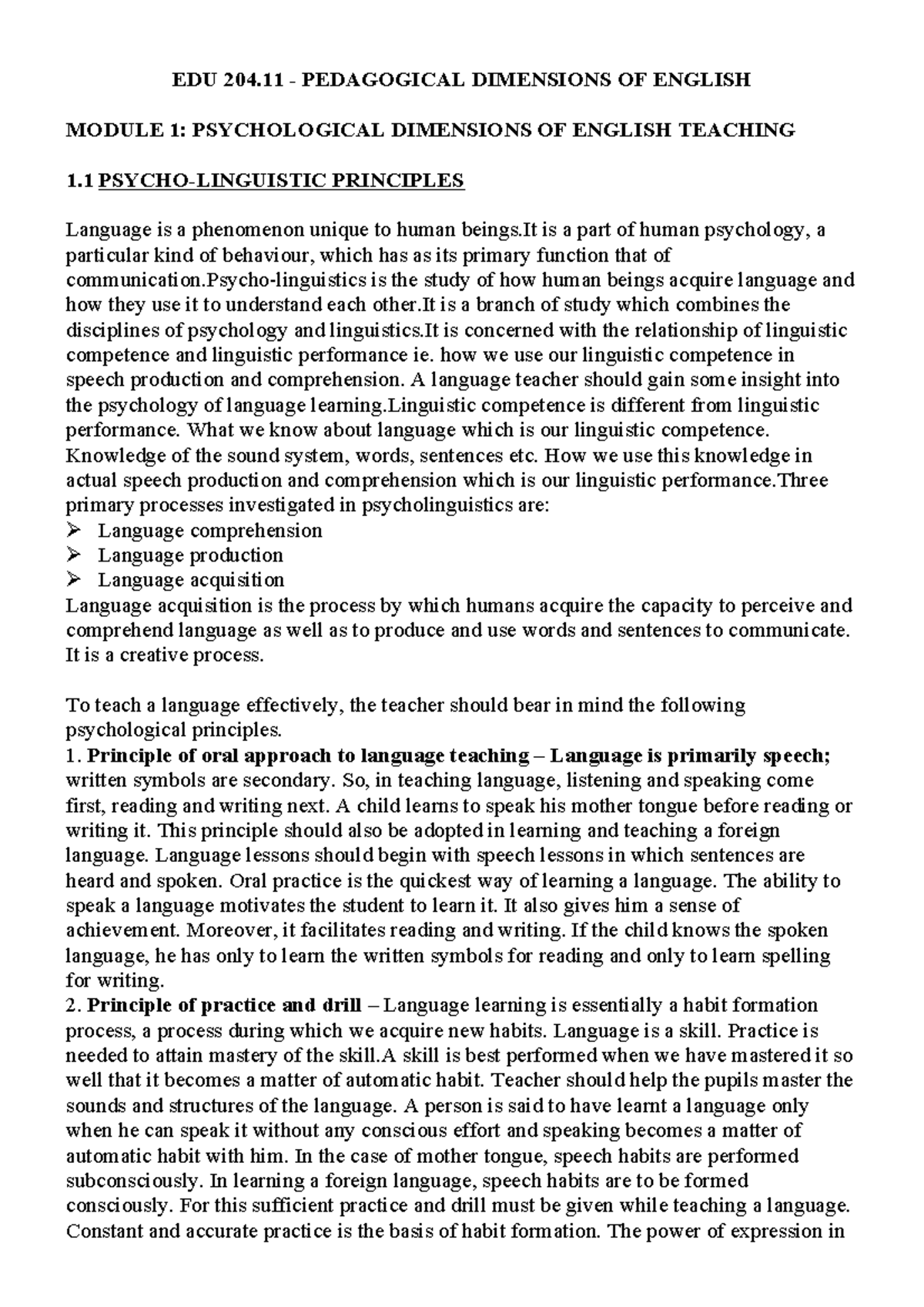 204eng1 - 204.11 - EDU 204 - PEDAGOGICAL DIMENSIONS OF ENGLISH MODULE 1: PSYCHOLOGICAL ...