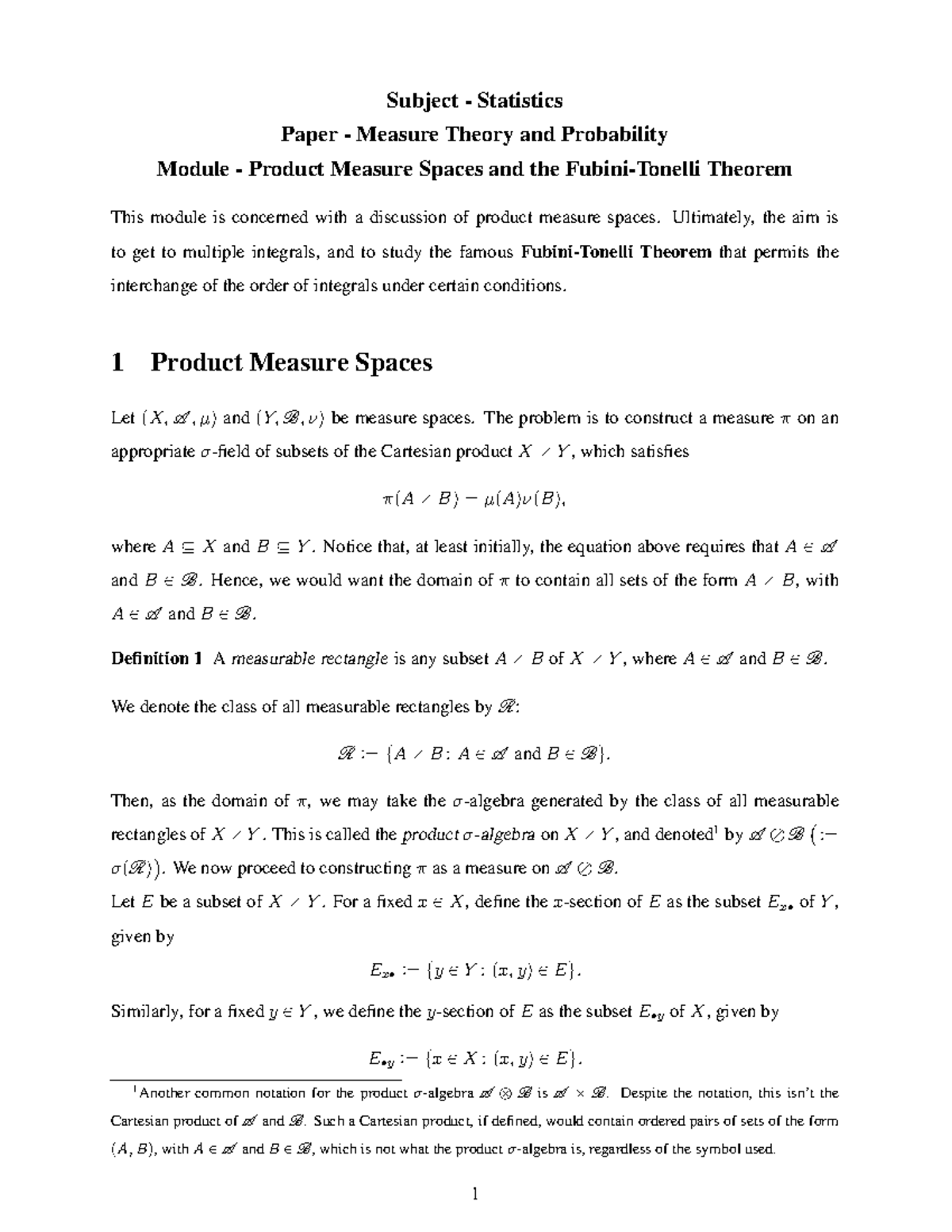 Product Space ,Product Measure, Fubinis Theorem - Probability 2 - Studocu